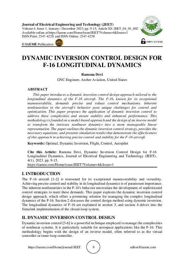 (PDF) DYNAMIC INVERSION CONTROL DESIGN FOR F-16 LONGITUDINAL DYNAMICS