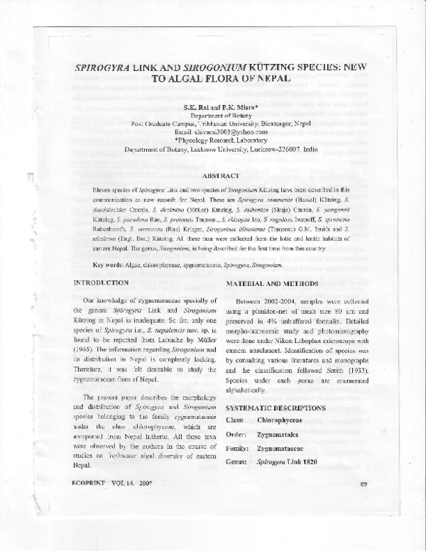 (PDF) Spirogyra Link and Sirogonium Kutzing Species: New to Algal Flora ...