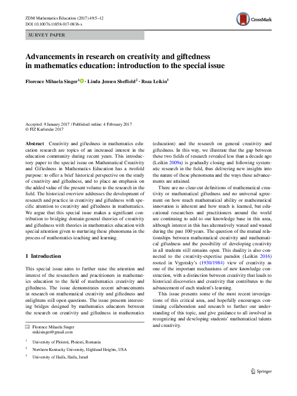 (PDF) Advancements in research on creativity and giftedness in mathematics education ...