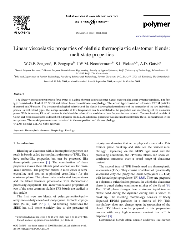 (PDF) Linear viscoelastic properties of olefinic thermoplastic elastomer blends: melt state ...