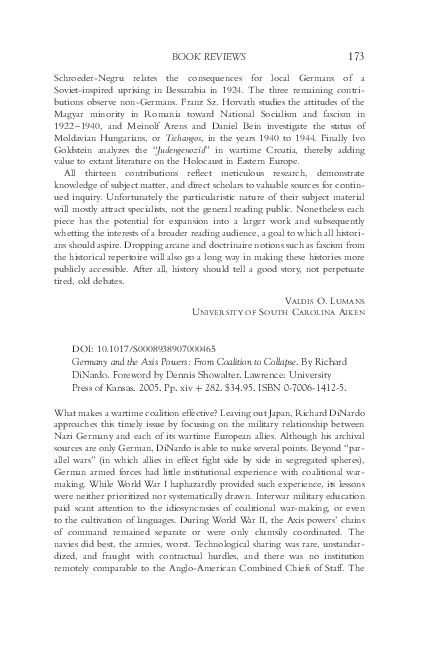 (PDF) Germany and the Axis Powers: From Coalition to Collapse