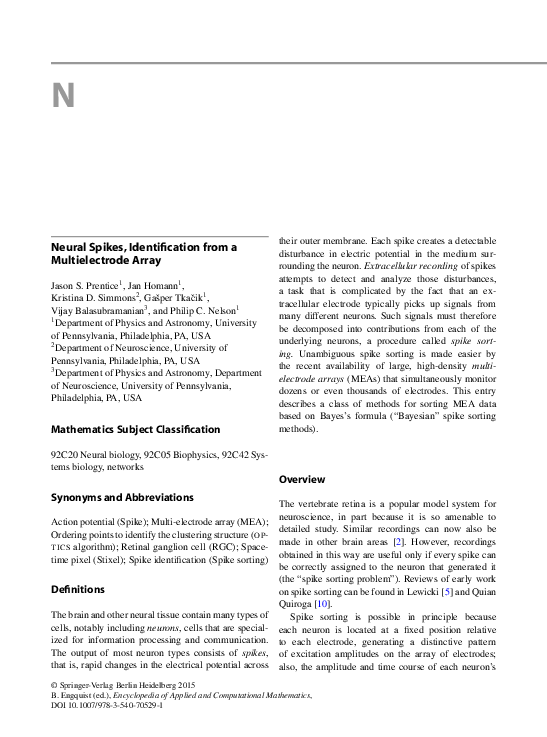 (PDF) Neural Spikes, Identification from a Multielectrode Array