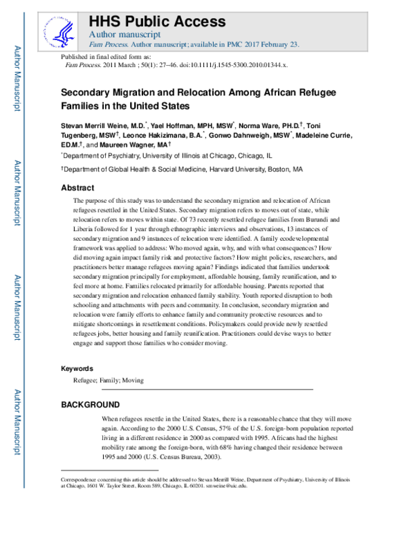(PDF) Secondary Migration and Relocation Among African Refugee Families ...