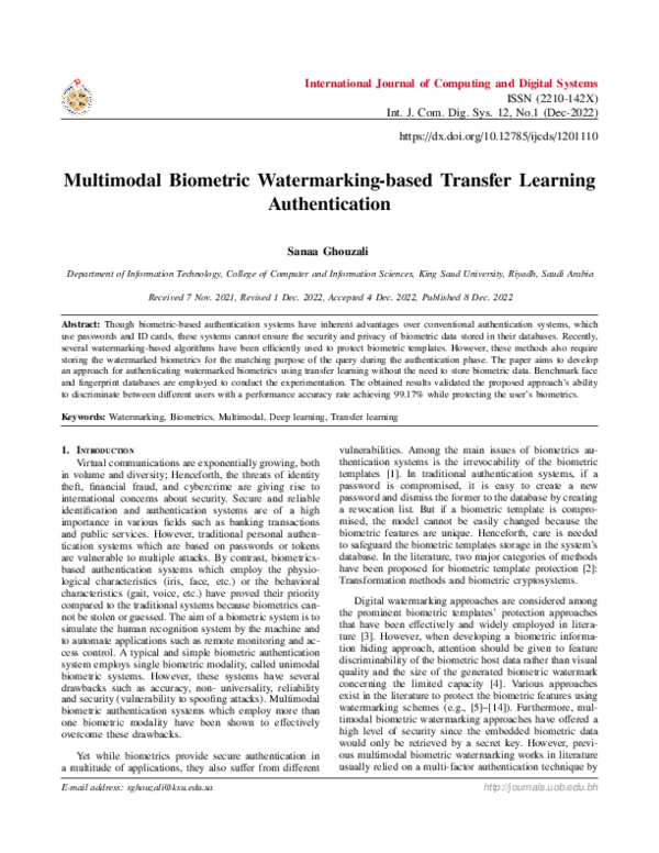 (PDF) Multimodal Biometric Watermarking-based Transfer Learning Authentication | Sanaa Ghouzali ...