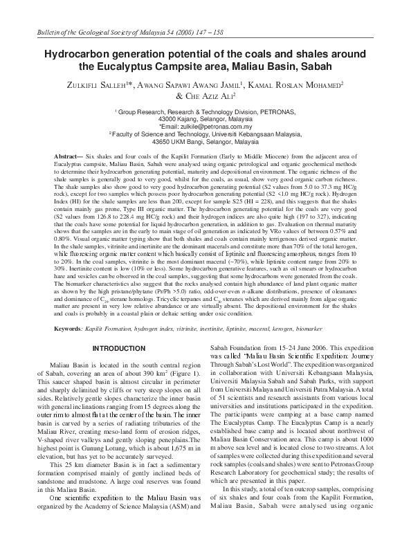 (PDF) Hydrocarbon generation potential of the coals and shales around ...