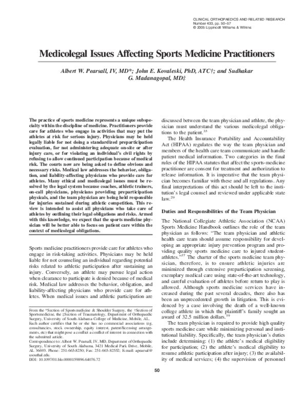 (PDF) Medicolegal Issues Affecting Sports Medicine Practitioners