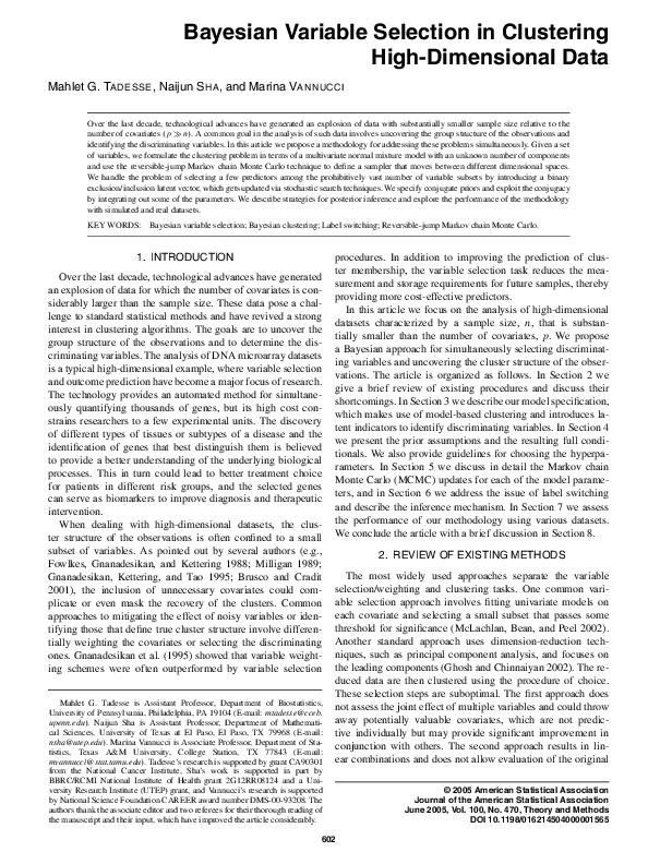 (PDF) Bayesian Variable Selection in Clustering High-Dimensional Data