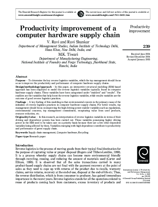 (PDF) Productivity improvement of a computer hardware supply chain