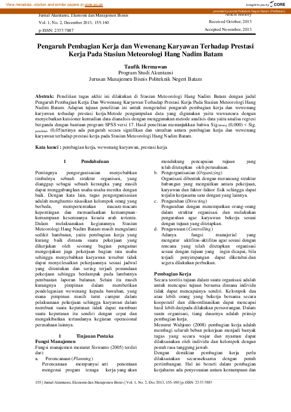(PDF) Pengaruh Pembagian Kerja dan Wewenang Karyawan Terhadap Prestasi Kerja Pada Stasiun ...