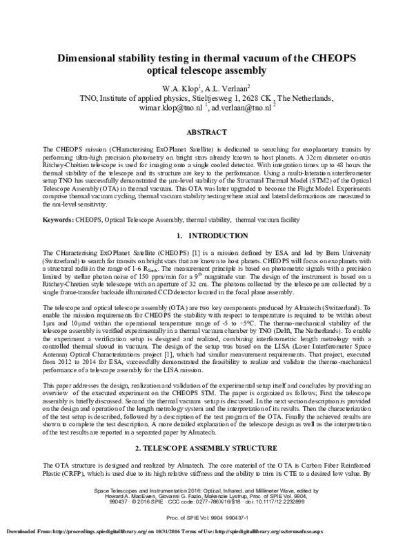 (PDF) Dimensional stability testing in thermal vacuum of the CHEOPS ...