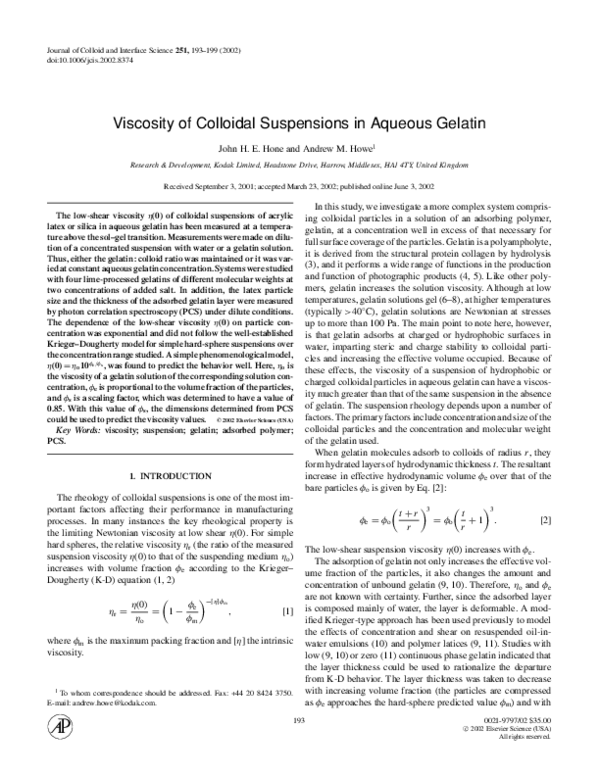 (PDF) Viscosity of Colloidal Suspensions in Aqueous Gelatin