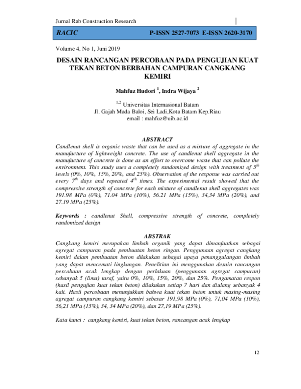 (PDF) Desain Rancangan Percobaan Pada Pengujian Kuat Tekan Beton Berbahan Campuran Cangkang Kemiri