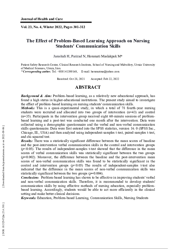 (PDF) The Effect of Problem-Based Learning Approach on Nursing Students' Communication Skills