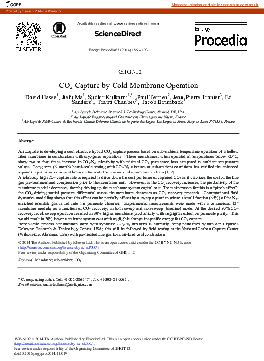 (PDF) CO2 Capture by Cold Membrane Operation