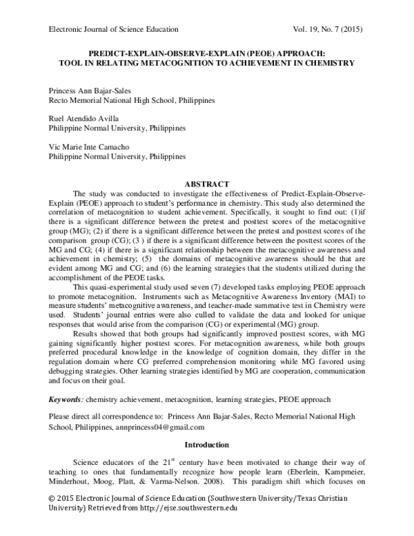 (PDF) Predict-Explain-Observe-Explain (PEOE) Approach: Tool in Relating Metacognition to ...