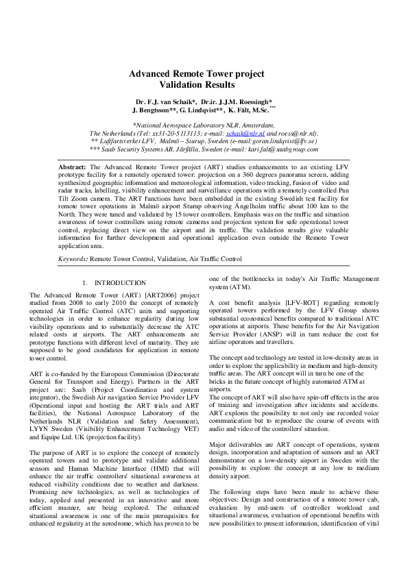 (PDF) Advanced Remote Tower project Validation Results