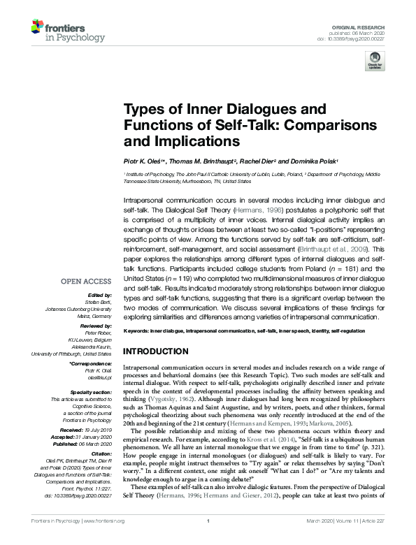 (PDF) Types of Inner Dialogues and Functions of Self-Talk: Comparisons ...