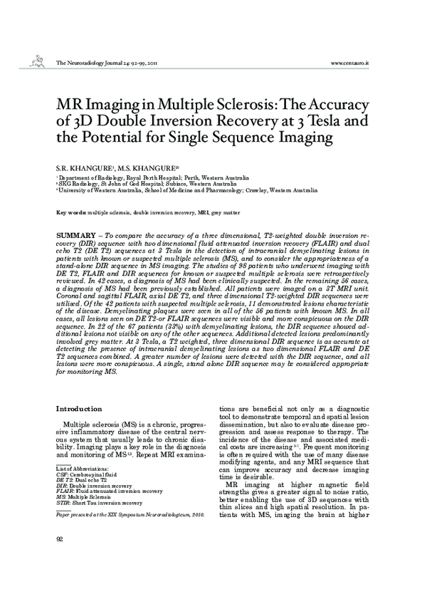 (PDF) MR Imaging in Multiple Sclerosis: The Accuracy of 3D Double ...