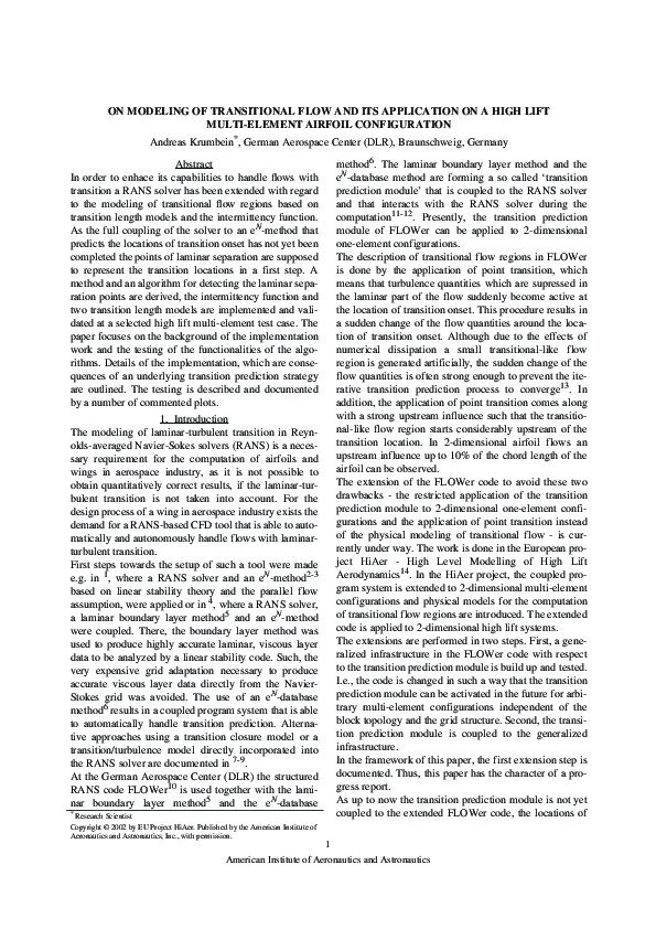 (PDF) On Modeling of Transitional Flow and its Application on a High ...