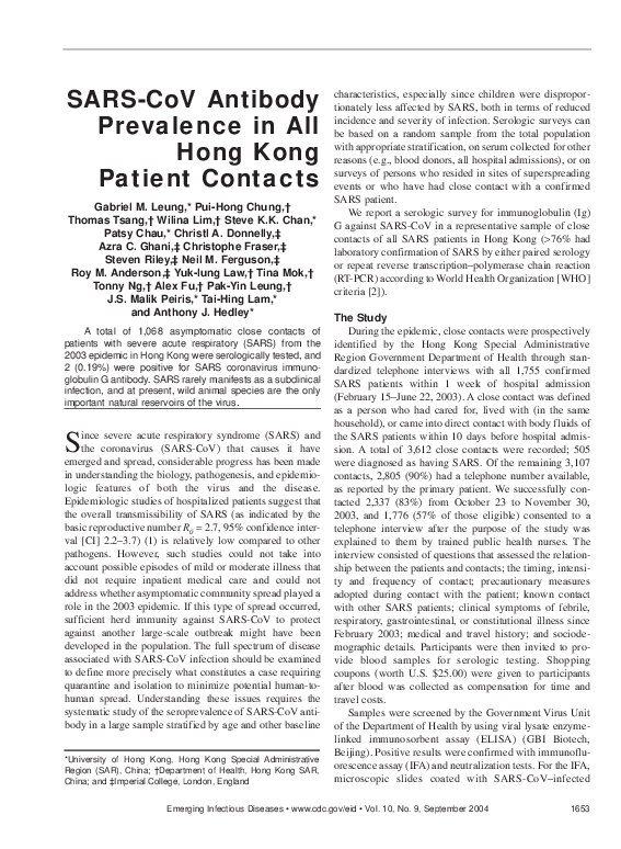 (PDF) SARS-CoV Antibody Prevalence in All Hong Kong Patient Contacts ...