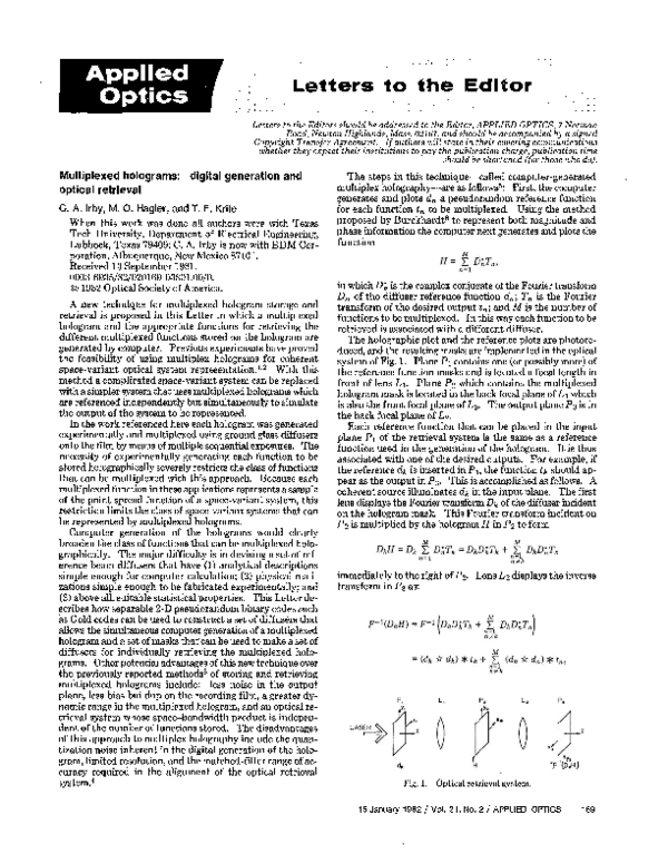 (PDF) Multiplexed holograms: digital generation and optical retrival
