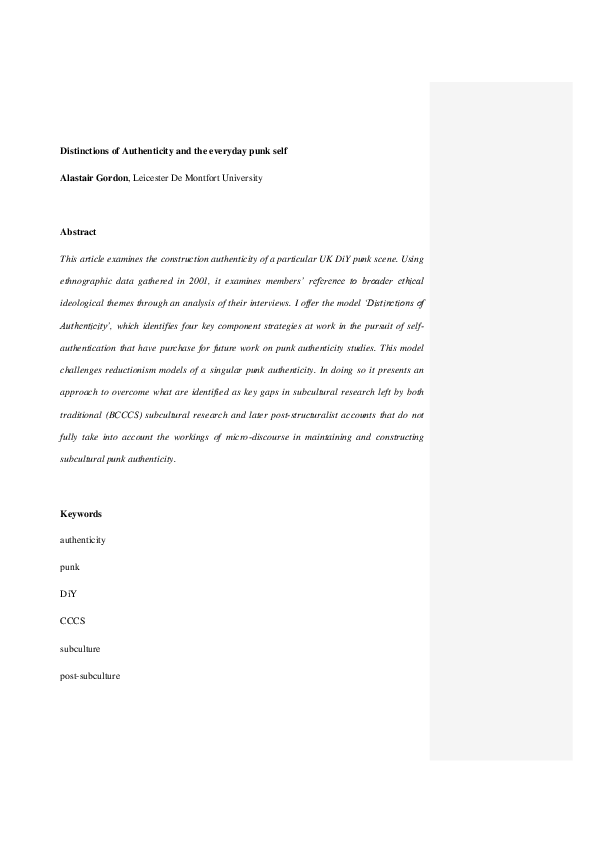 (PDF) Distinctions of Authenticity and the everyday punk self