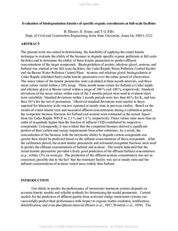 (PDF) Evaluation of biodegradation kinetics of specific organic constituents at full-scale ...