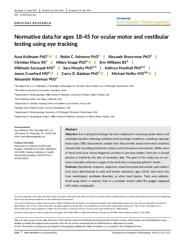 (PDF) Normative data for ages 18‐45 for ocular motor and vestibular ...