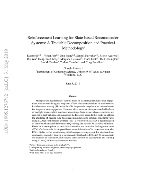(PDF) Reinforcement Learning for Slate-based Recommender Systems: A Tractable Decomposition and ...