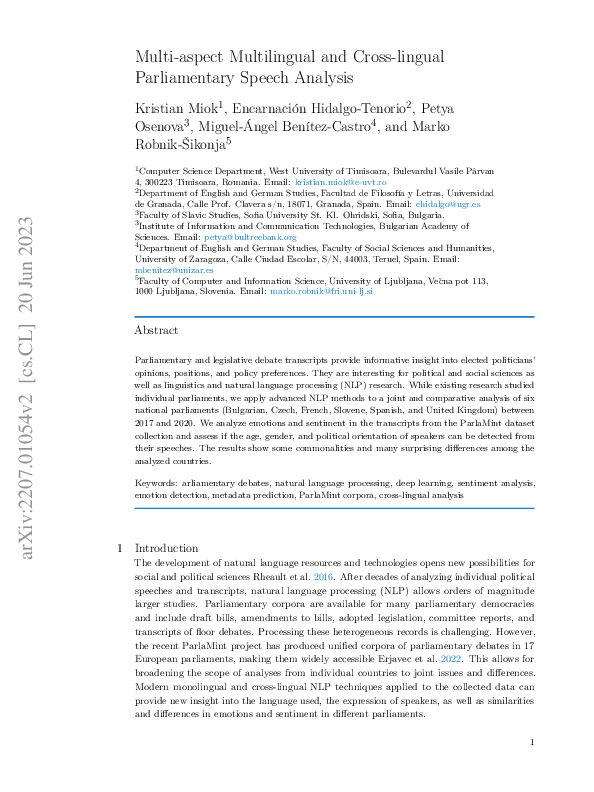 (PDF) Multi-aspect Multilingual and Cross-lingual Parliamentary Speech Analysis