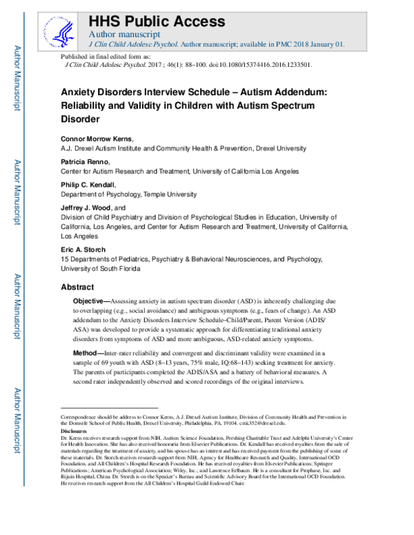 (PDF) Anxiety Disorders Interview Schedule–Autism Addendum: Reliability ...