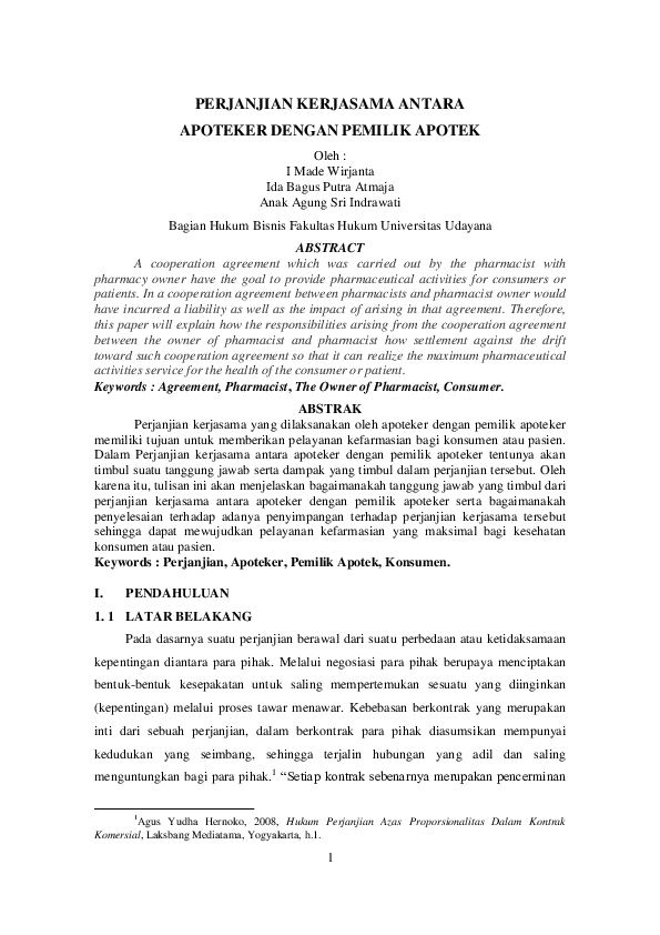 Pdf Perjanjian Kerjasama Antara Apoteker Dengan Pemilik Apotek