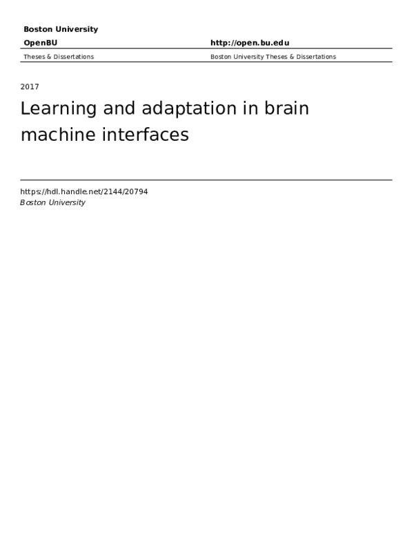 (PDF) Learning and adaptation in brain machine interfaces