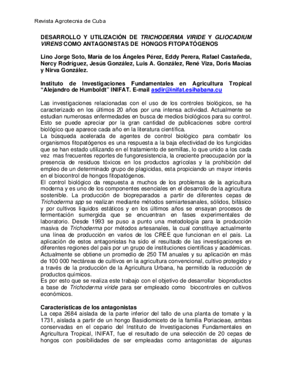 (PDF) Desarrollo y Utilización De Trichoderma Viride y Gliocadium Virens Como Antagonistas De ...