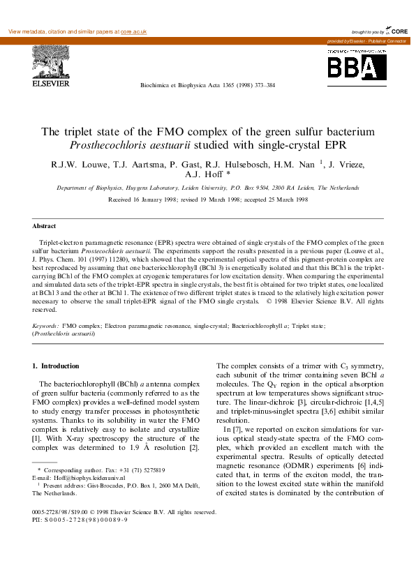 (PDF) The triplet state of the FMO complex of the green sulfur ...