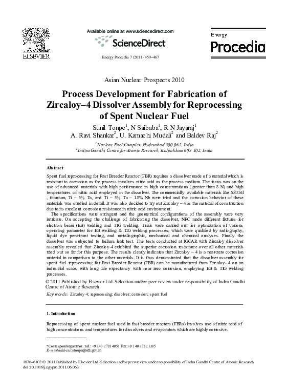 (PDF) Process development for fabrication of zircaloy- 4 of dissolver assembly for spent nuclear ...