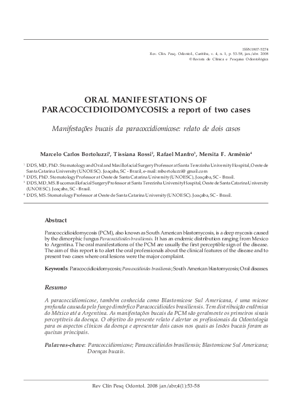Pdf Oral Manifestations Of Paracoccidioidomycosis A Report Of Two 6838