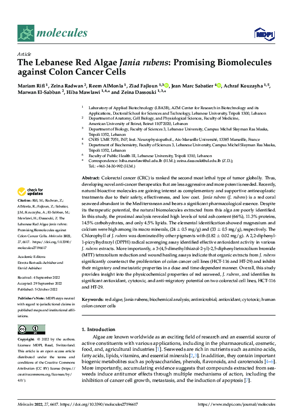 (PDF) The Lebanese Red Algae Jania rubens: Promising Biomolecules ...