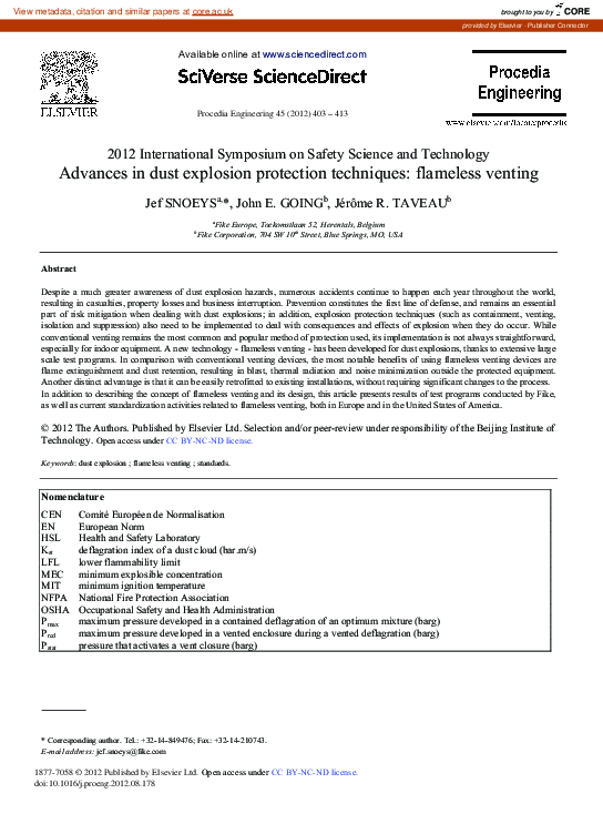 (PDF) Advances in Dust Explosion Protection Techniques: Flameless Venting