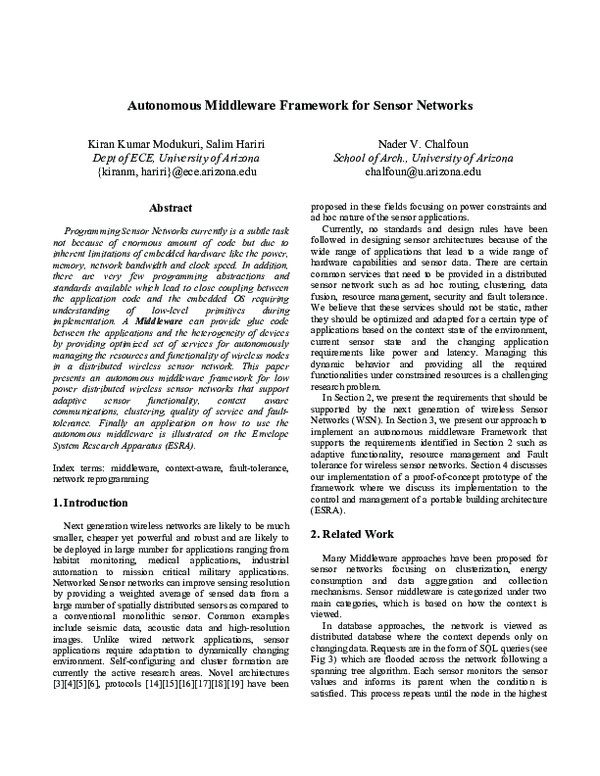 (PDF) Autonomous middleware framework for sensor networks