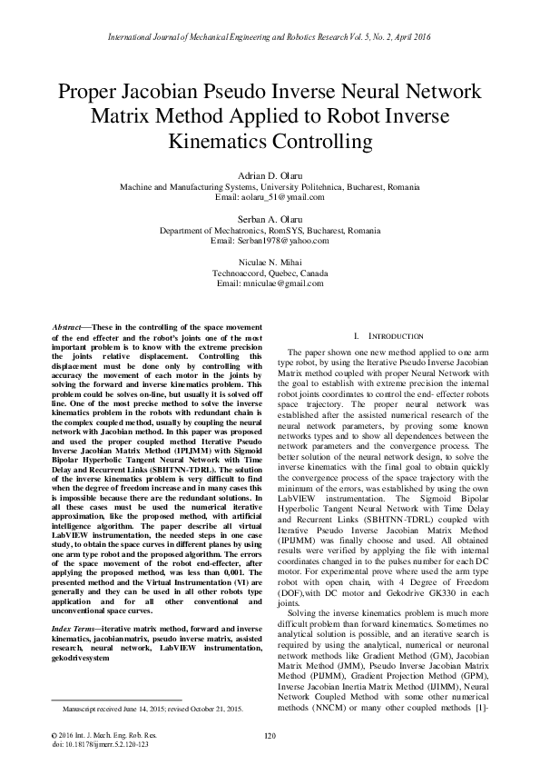 Pdf Proper Jacobian Pseudo Inverse Neural Network Matrix Method Applied To Robot Inverse