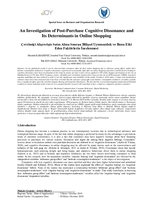 (PDF) An Investigation of Post-Purchase Cognitive Dissonance and Its Determinants in Online Shopping