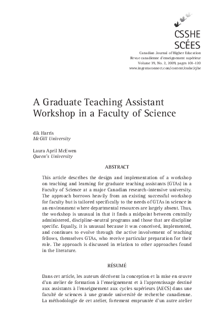(PDF) A Graduate Teaching Assistant Workshop in a Faculty of Science