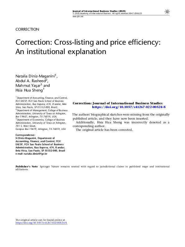 (PDF) Correction: Cross-listing and price efficiency: An institutional ...