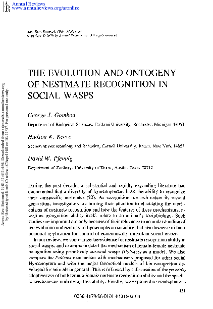 (PDF) The Evolution and Ontogeny of Nestmate Recognition in Social Wasps