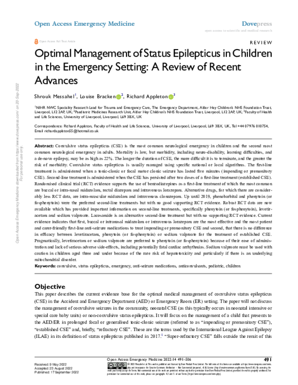 (PDF) Optimal Management of Status Epilepticus in Children in the ...