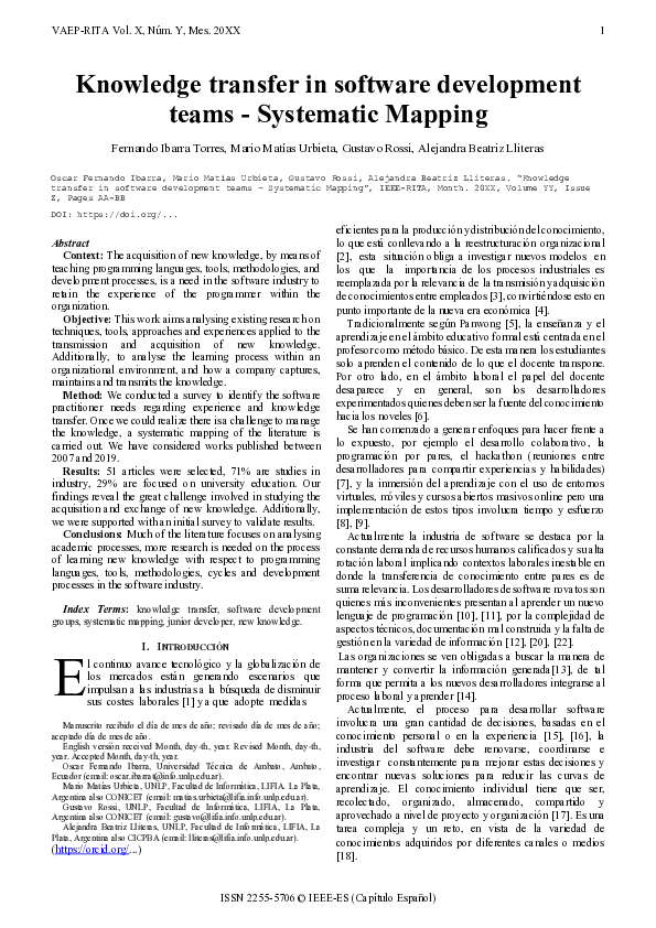 (PDF) Knowledge Transfer in Software Development Teams—Systematic Mapping