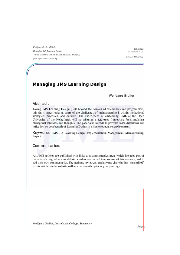 (PDF) Mainstreaming IMS Learning Design in Education