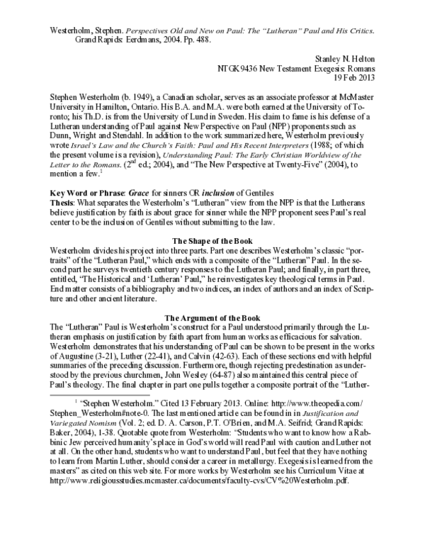 (PDF) Westerholm, Stephen. Perspectives Old and New on Paul: The "Lutheran" Paul and His Critics ...