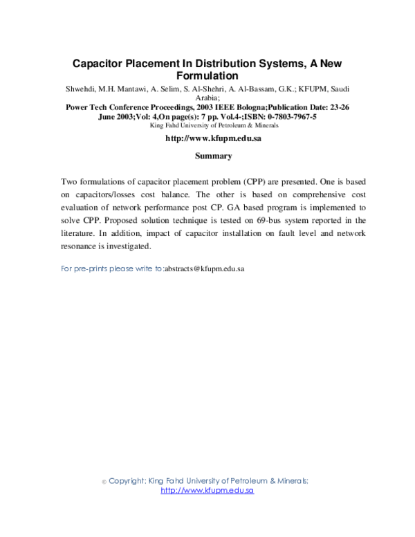 (PDF) Capacitor placement in distribution systems, a new formulation